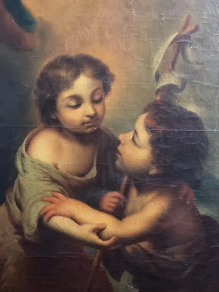 Large Antique Painting Murillo Child Jesus Saint John The Baptist Angel ...