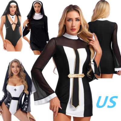 US Women Nun Cosplay Costume Halloween Carnival Church Religious ...