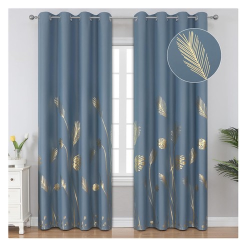 Luxurious Blackout Drapes in Stone Blue with Gold Palm Tree Pattern ...