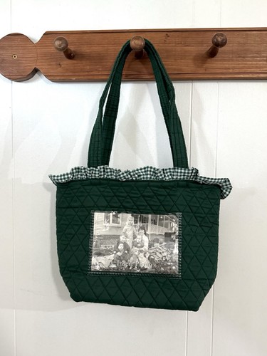 Green quilted tote bag with gingham trim and ruffled edge and photo ...