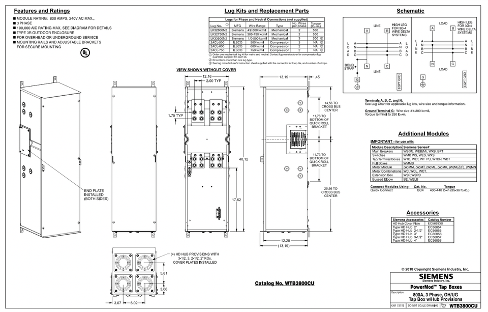 Siemens 800A 3ph Tap Box WTB3800CU Power Mod 120/240V | eBay