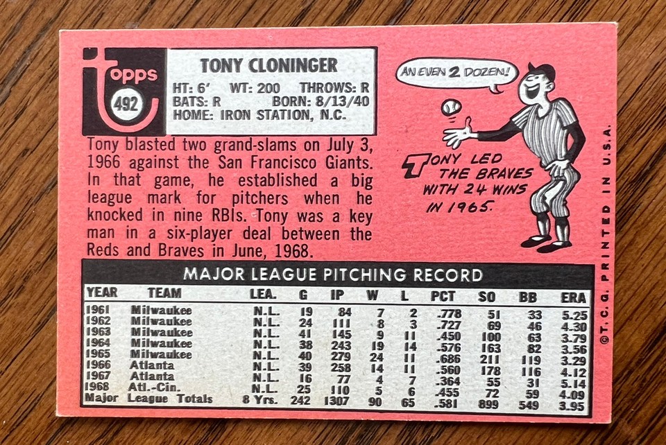 1969 Topps Tony Cloninger #492 Cincinnati Reds EX | eBay
