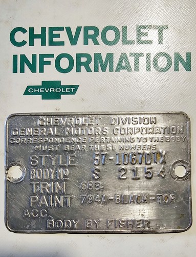 1957 Chevrolet Bel Air Convertible Trim Cowl Data Tag Imperial Ivory | eBay