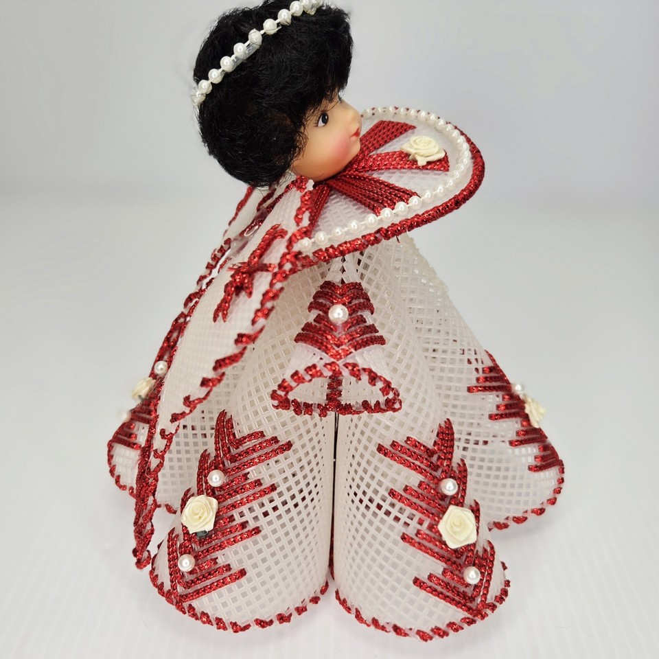 Vtg Angel Christmas Tree Topper Red & White Plastic Canvas Doll 6 ...