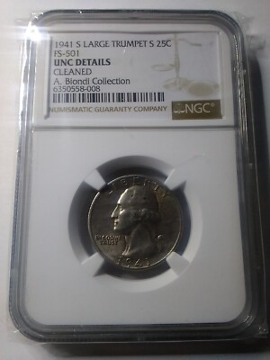 1941-S LARGE TRUMPET S WASHINGTON QUARTER FS-501 NGC UNC. DETAILS, A ...