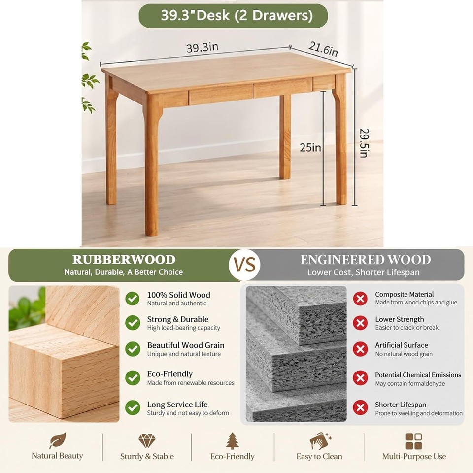 Small Desk with 2 Drawers, Solid Wood Computer Desk (Natural,100cm ...