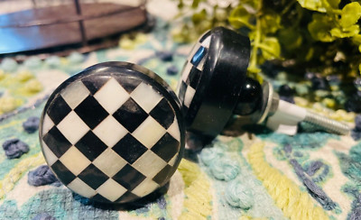 10; Courtly Check Cabinet Door knobs black white checkered M. Childs ...