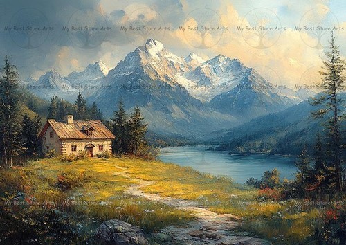 MOUNTAIN CABIN LANDSCAPE ART PRINT, Rustic Home Decor, Cottage House ...