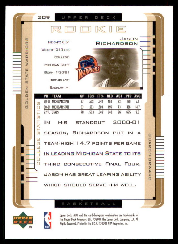 2001-02 Upper Deck MVP Jason Richardson Golden State Warriors #209 | eBay