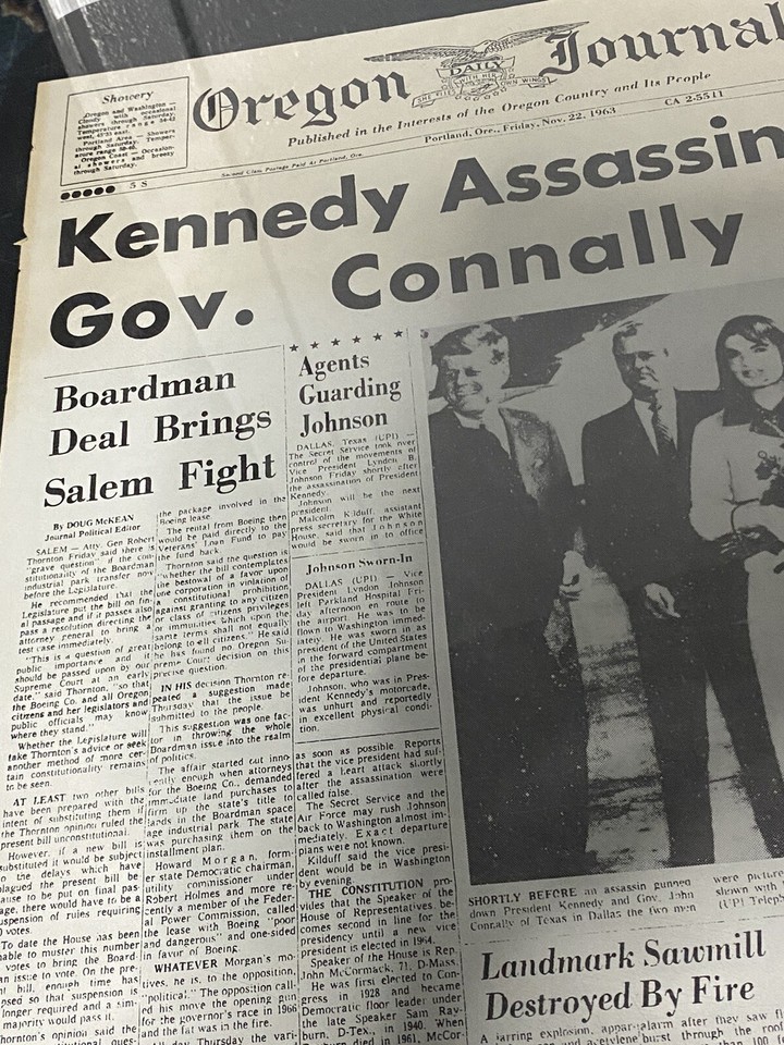 1963 Original Front Page Newspaper Kennedy Assassinated; Gov. Connally ...