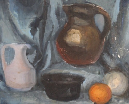Vintage oil painting impressionist still life with bowl, jugs and ...