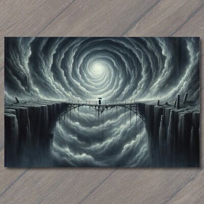 POSTCARD Person dilapidated bridge over dark chasm in rain ...