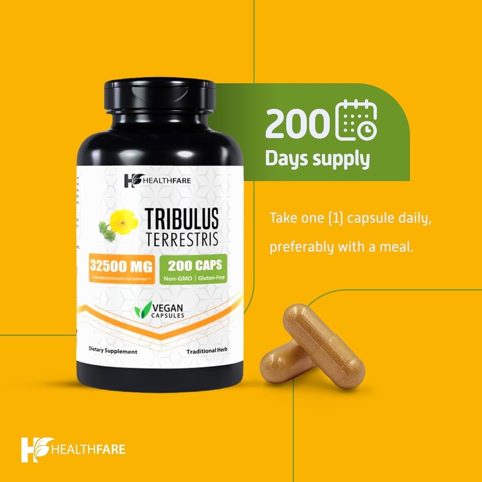 Healthfare Tribulus Terrestris 32,500mg 200 Caps High Potency Herbal ...