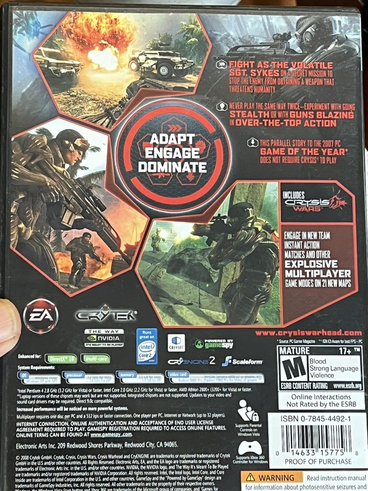 Crysis Warhead (Windows Game PC DVD-ROM, 2008)2-Disc with Manual ...