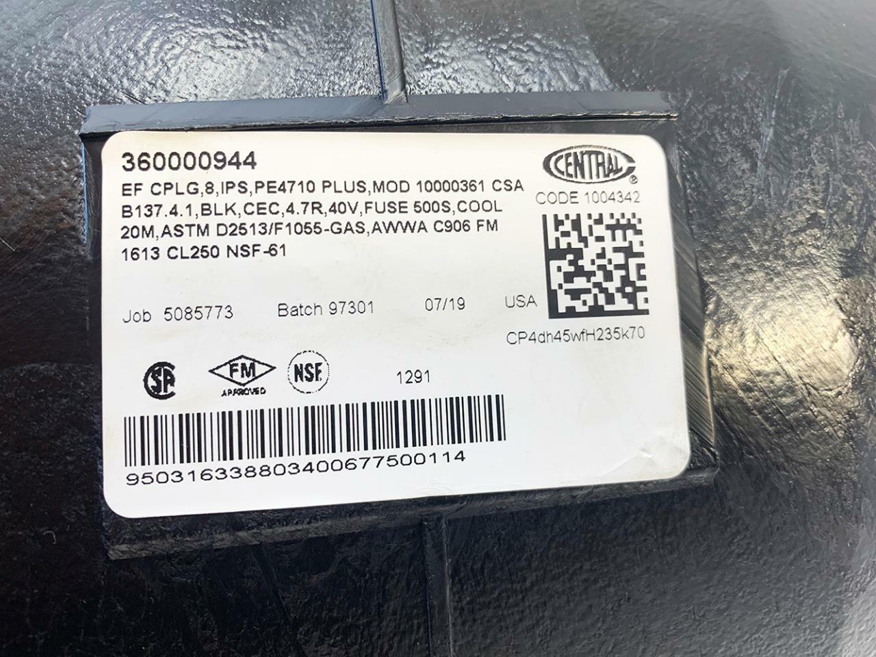Central 360000944 8 Coupling EF PE3408/PE4710 Black NEW FREE FAST SHIP ...