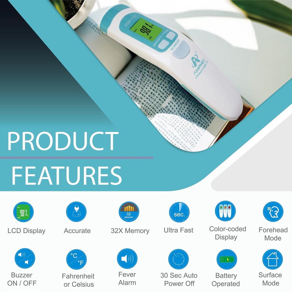 Amplim Non-Contact Forehead Thermometer & Case for Adults, Kids, Baby ...