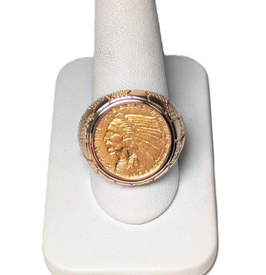 14k Yellow Gold Nugget New Ring, 1909 2-1/2$ Gold Indian Head Coin ...