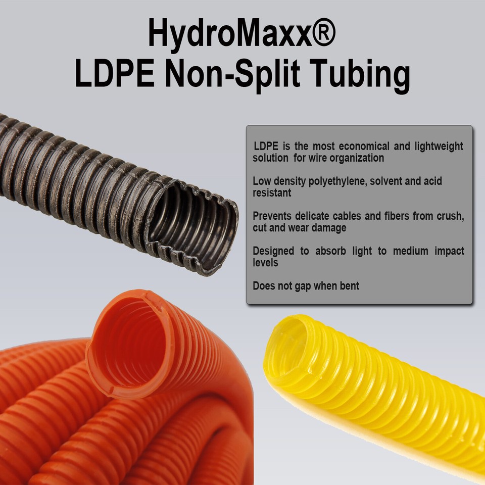 1" x 100 ft Non-Split LDPE Wire Loom Tubing - Black, Orange or Yellow ...