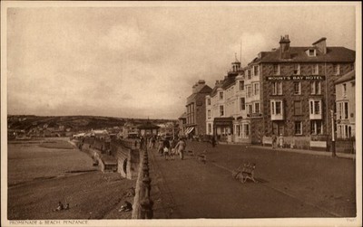 Promenade and Beach Penzance Mounts Bay Hotel England vintage postcard ...