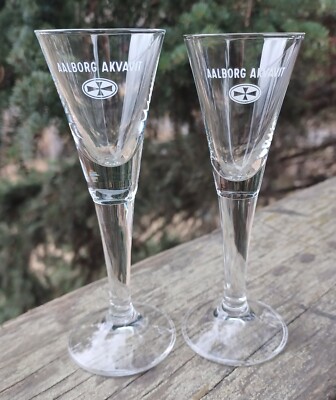 2 Vintage Aalborg Akvavit Danish Cordial Shot Glass Stemmed Schnapps ...