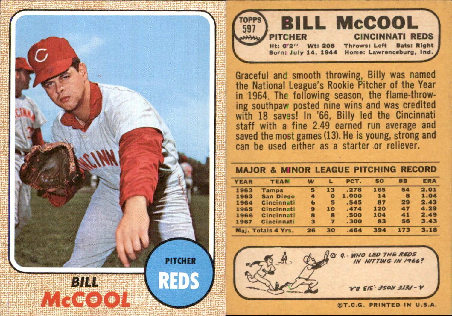 Bill McCool 1968 Topps #597 Card Cincinnati Reds FREE SHIP ...