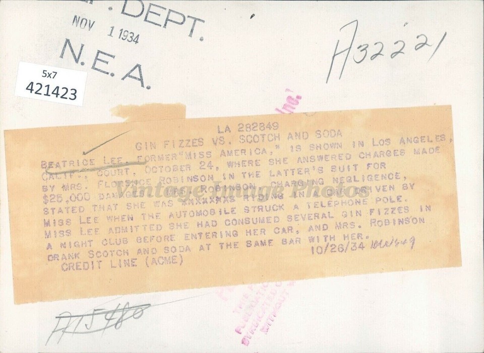 1934 Photo Press Beatrice Lee Miss America Los Angeles CA Court Suit ...