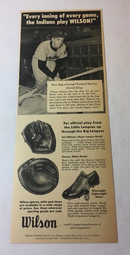 1955 Wilson baseball gloves and shoes ad ~ CLEVELAND INDIANS BATBOY ...