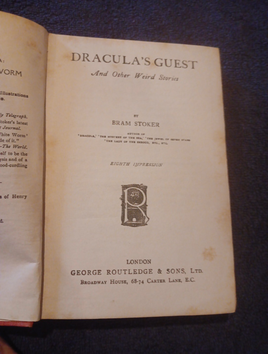 Horror Bram Stoker Dracula's Guest and Other Weird Stories 1914 1st UK ...