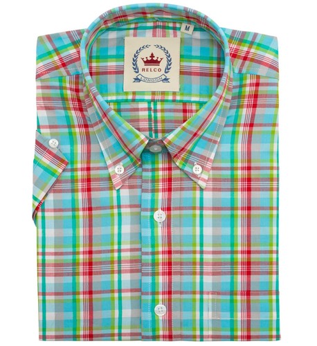 Relco Men's Aqua Red Yellow Check Tartan Short Sleeve Button Down ...