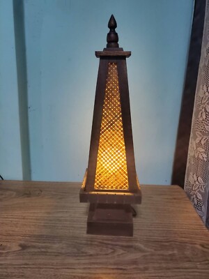 Vintage lamp bamboo&teak wood lighter triangle wicker basketry desk ...