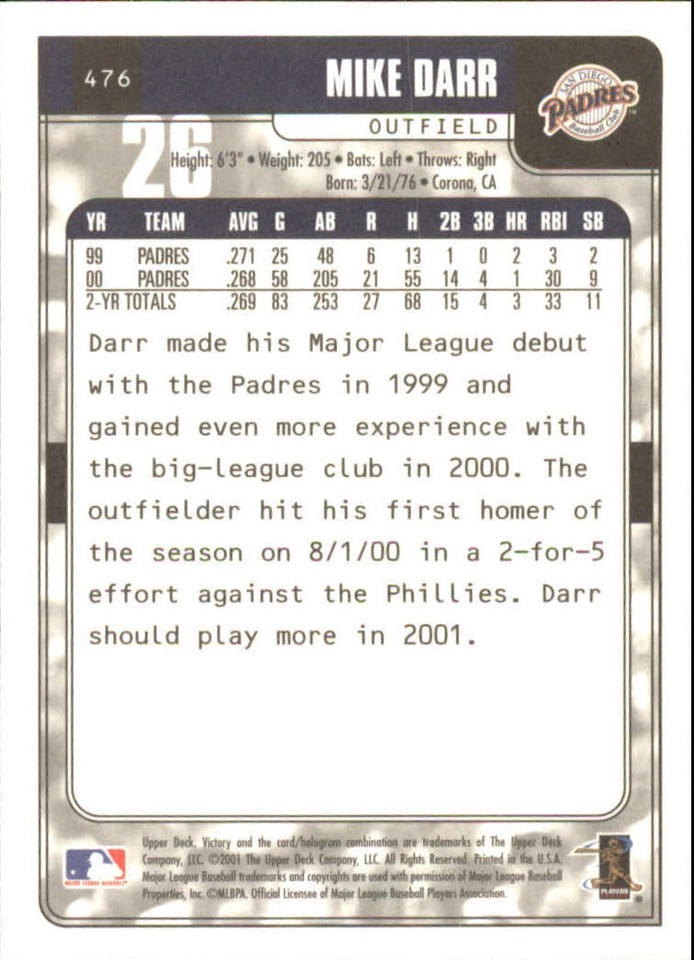 2001 Upper Deck Victory #476 Mike Darr | eBay
