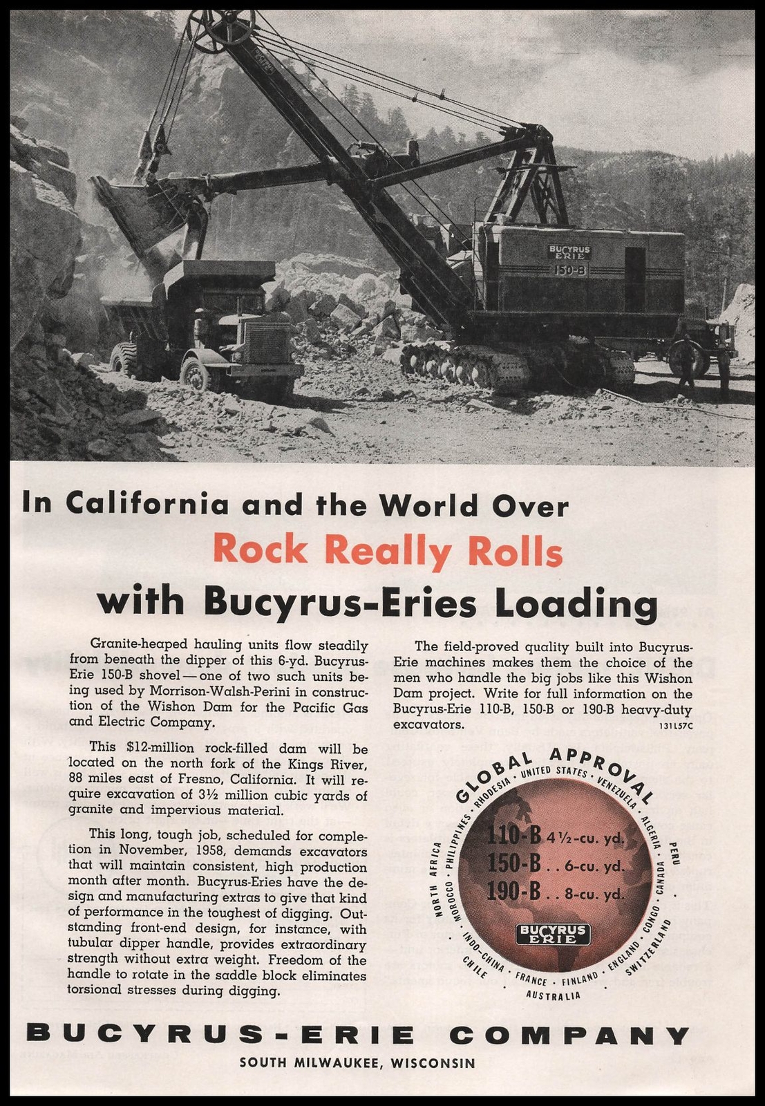 1957 Wishon Dam Fresno County California Photo Bucyrus Erie 150B Shovel ...