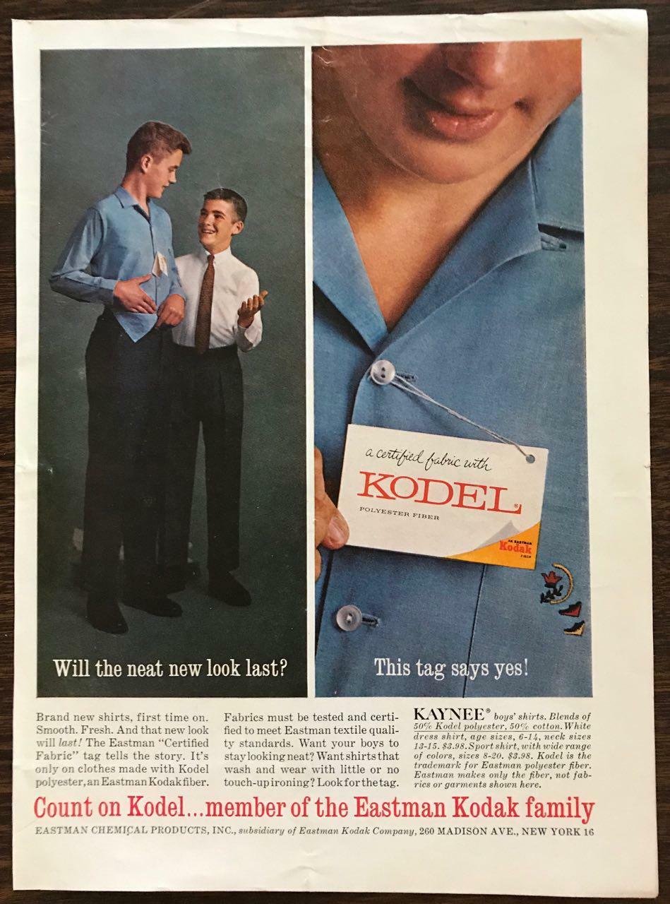 ORIGINAL 1962 Eastman Kodak Kodel Polyester Fabric PRINT AD Kaynee Boy ...