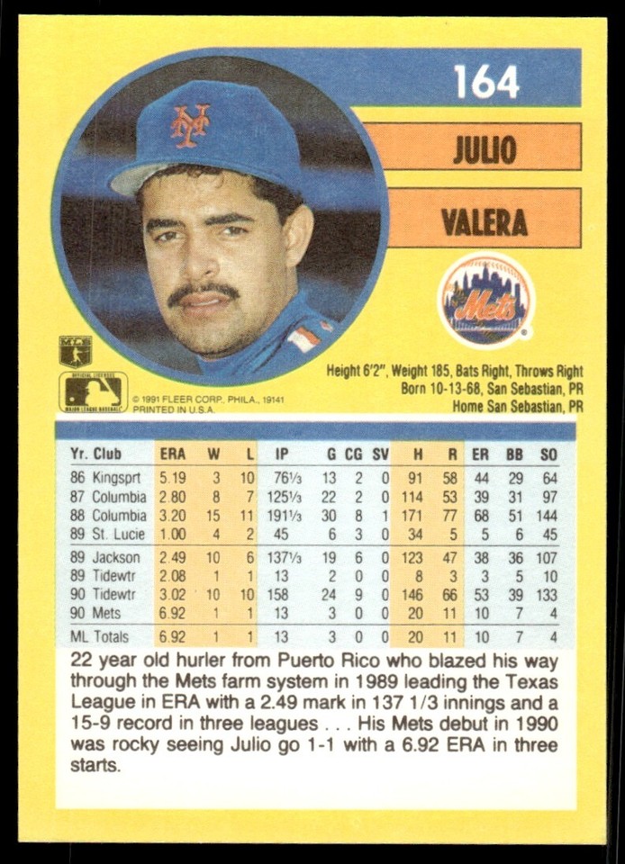 1991 Fleer Baseball Card Julio Valera New York Mets #164 | eBay