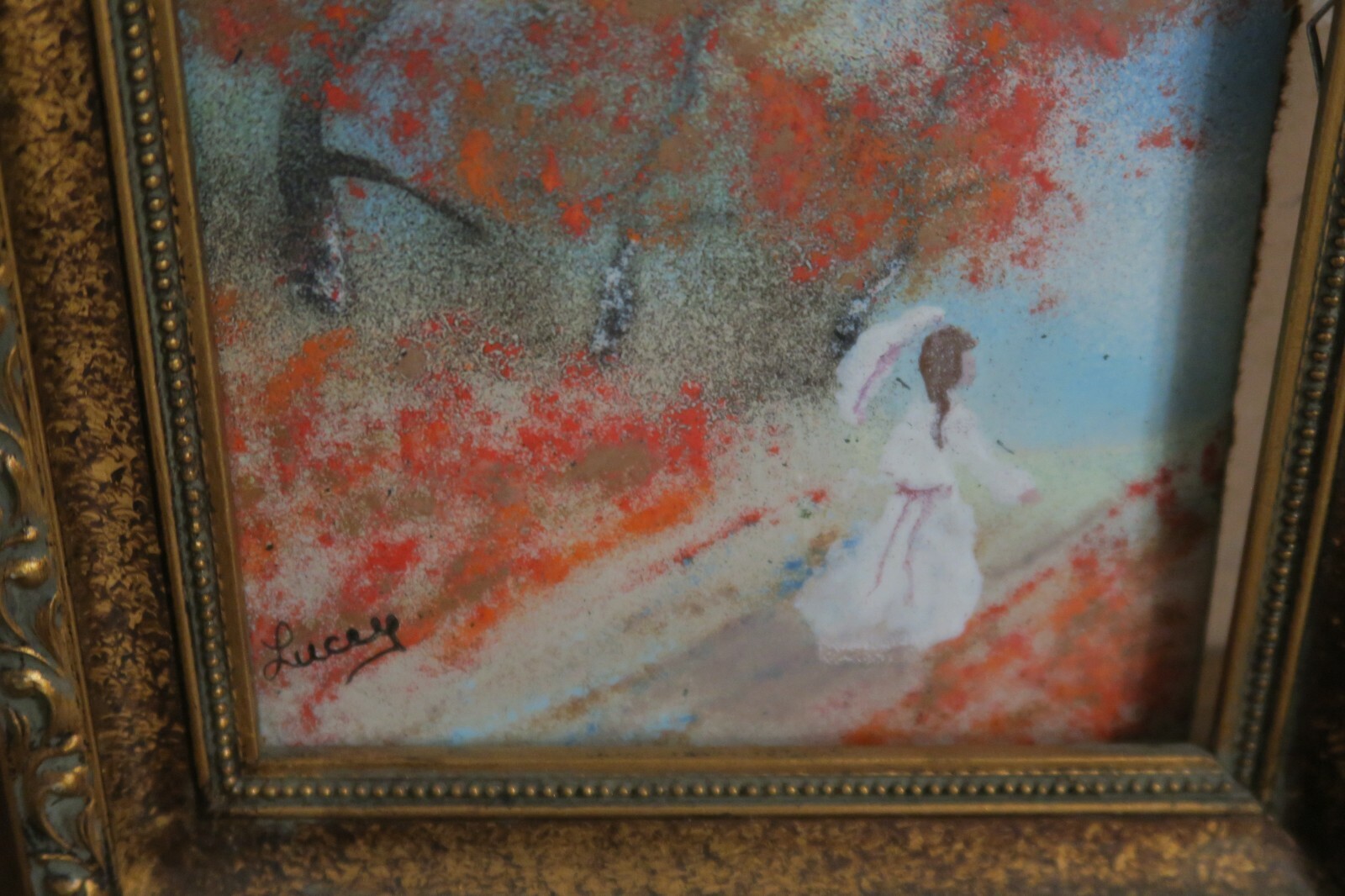 Enamel on Copper Art Painting Girl with Parasol Signed Lucey 5" x 7 ...