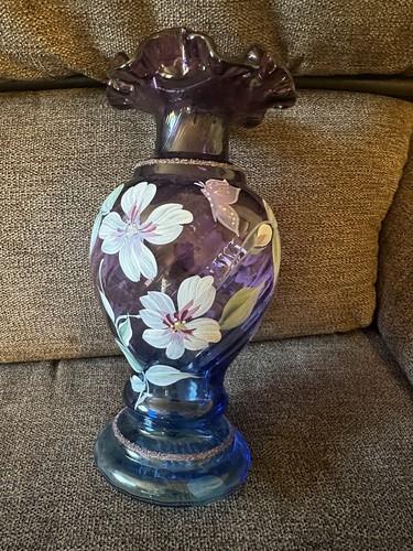 Fenton Mulberry Vase Signed Bill George Fenton 50th Painted Flower ...