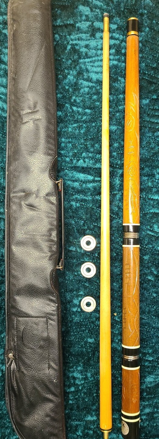 Vtg Golden Shark Pool Cue Custom Crafted w/ MOP Inlaid 57" Long 21oz ...