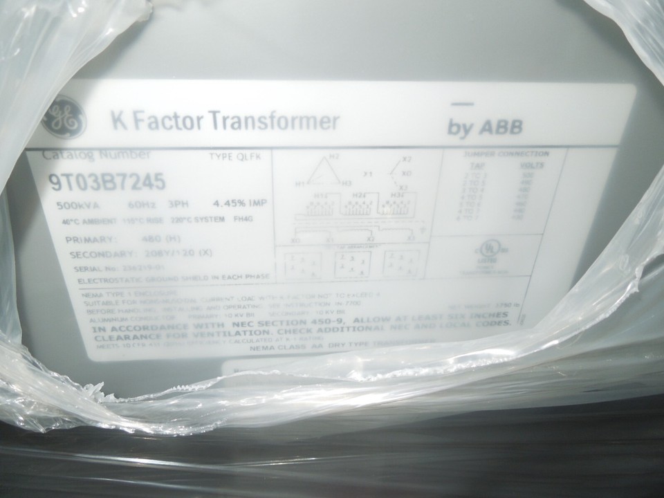 GE by ABB 9T03B7245 500KVA 480-208Y/120V 3PH Dry Type Transformer K4 ...