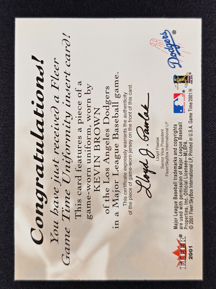 Kevin Brown 2001 Fleer Game Time Uniformity GU Game Used PATCH DODGERS ...