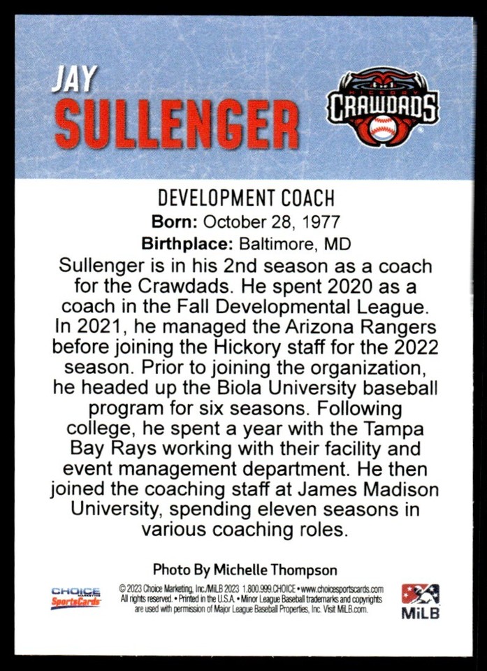 2023 Choice Jay Sullenger Rookie Hickory Crawdads A1 Texas Rangers | eBay