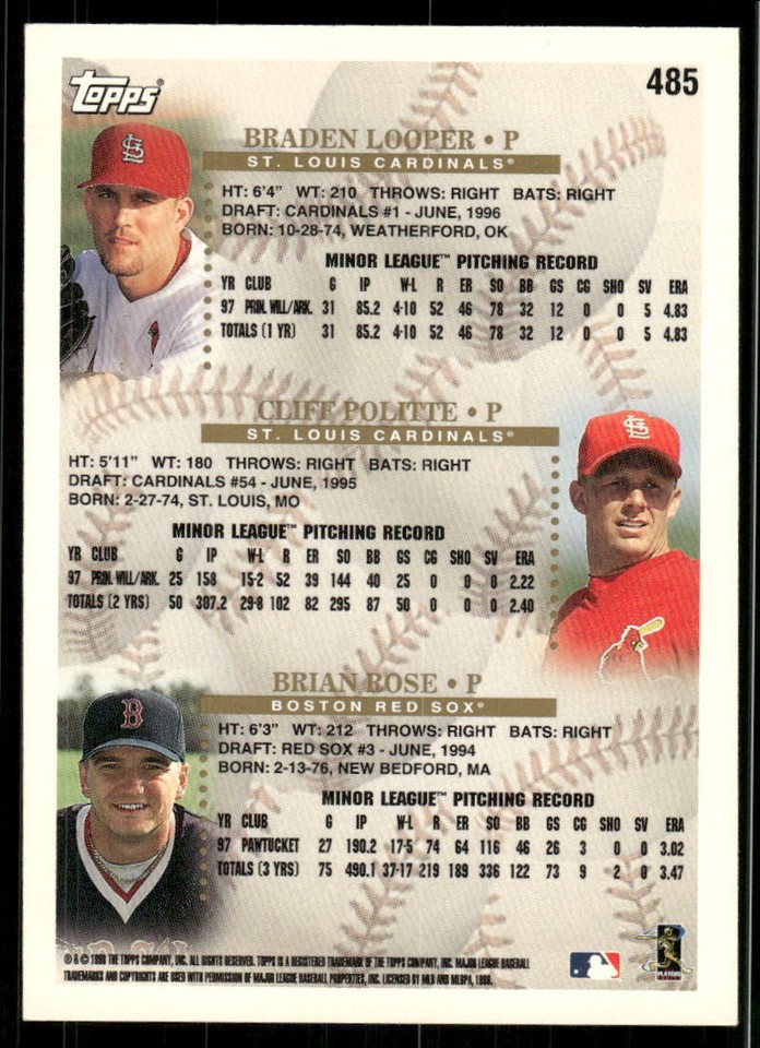 1998 Topps #485 Braden Looper / Cliff Politte / Brian Rose | eBay