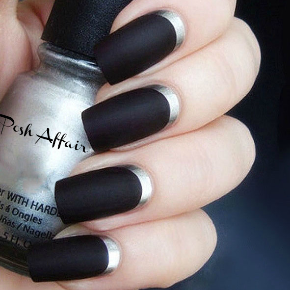Matte Black And Silver Nails