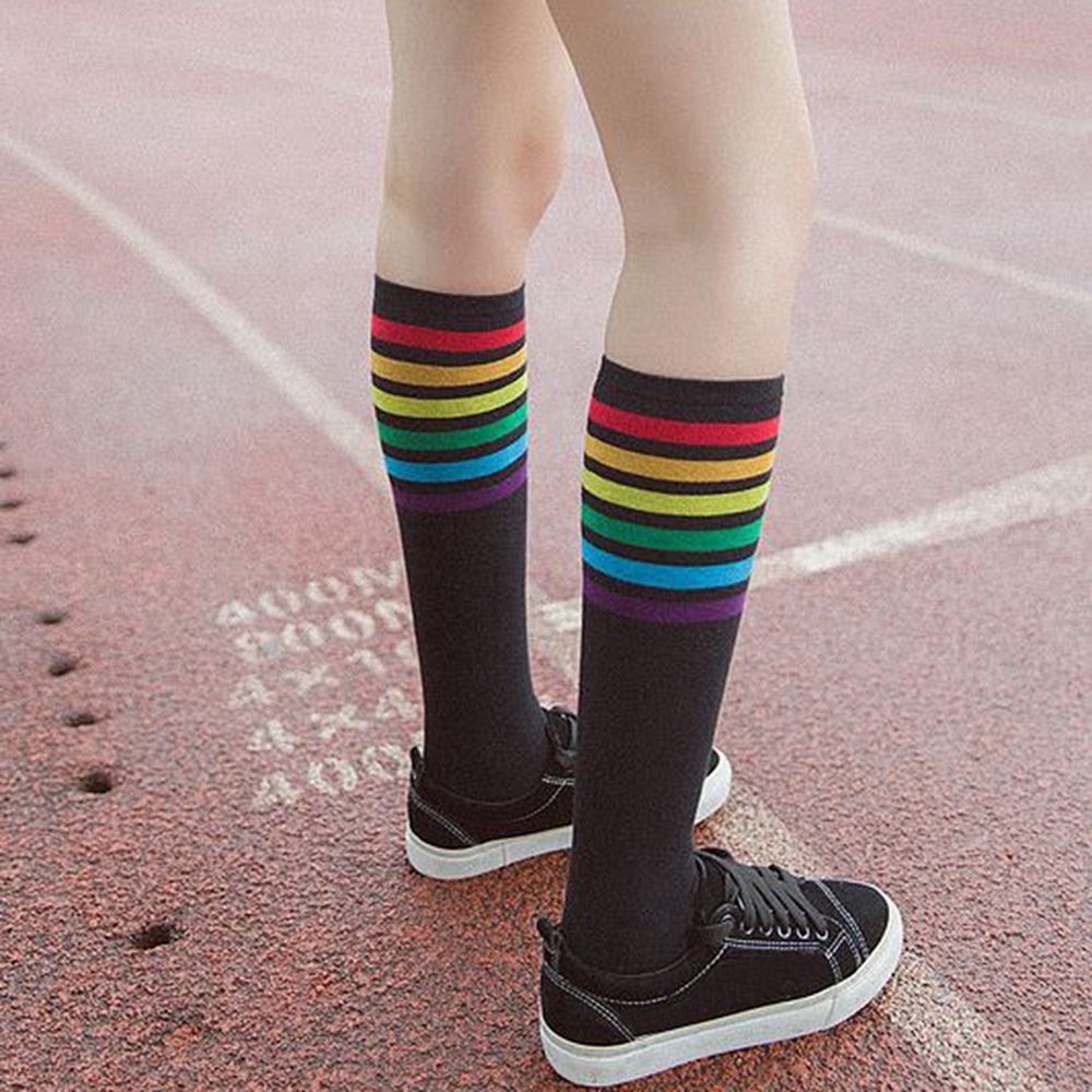 Fashion Cotton Thigh High Stocking Long Hosiery Rainbow Stripe Football ...