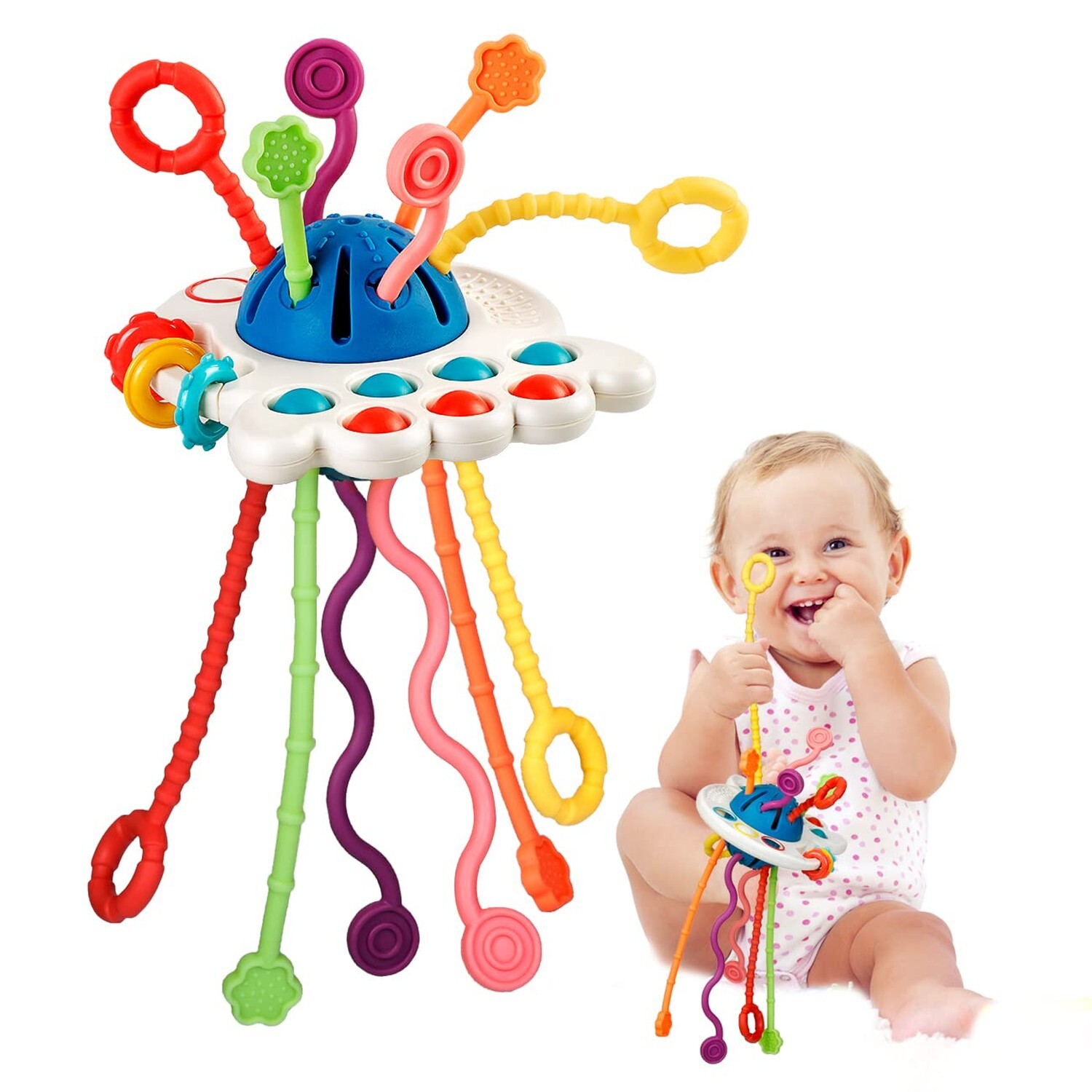 Baby Toys 6 to 12 Months,4 In 1 Silicone Pull String Montessori Toys ...