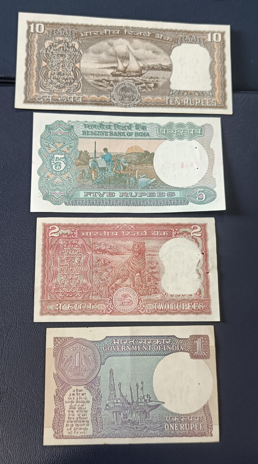 Uncirculated Indian authentic old 10 /5 /2 /1 Rupee 4 denominations ...