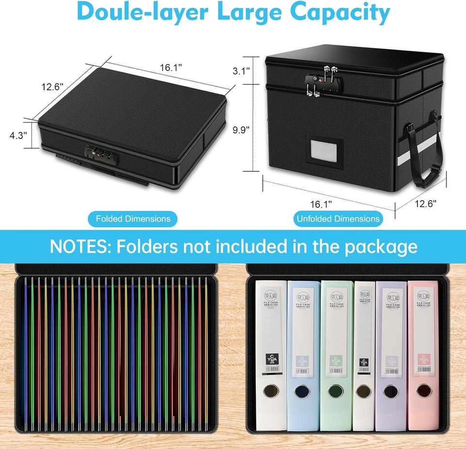 Fireproof Document Box with Lock - Portable 2 Layer File Safe for Home ...