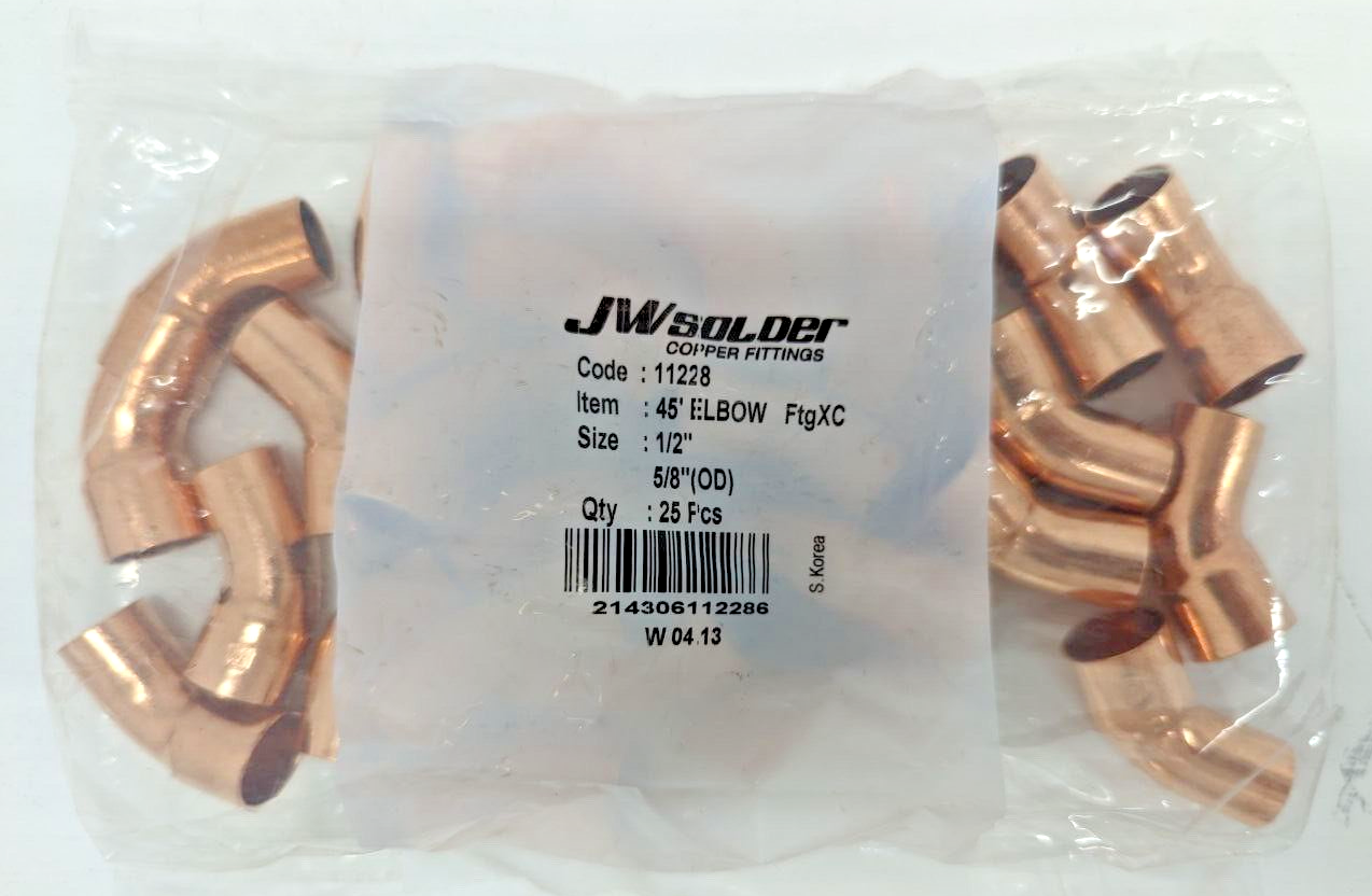 25 Pack - JW Solder 11228 45 Degree Copper Street Elbow 1/2" Wrot 5/8 ...