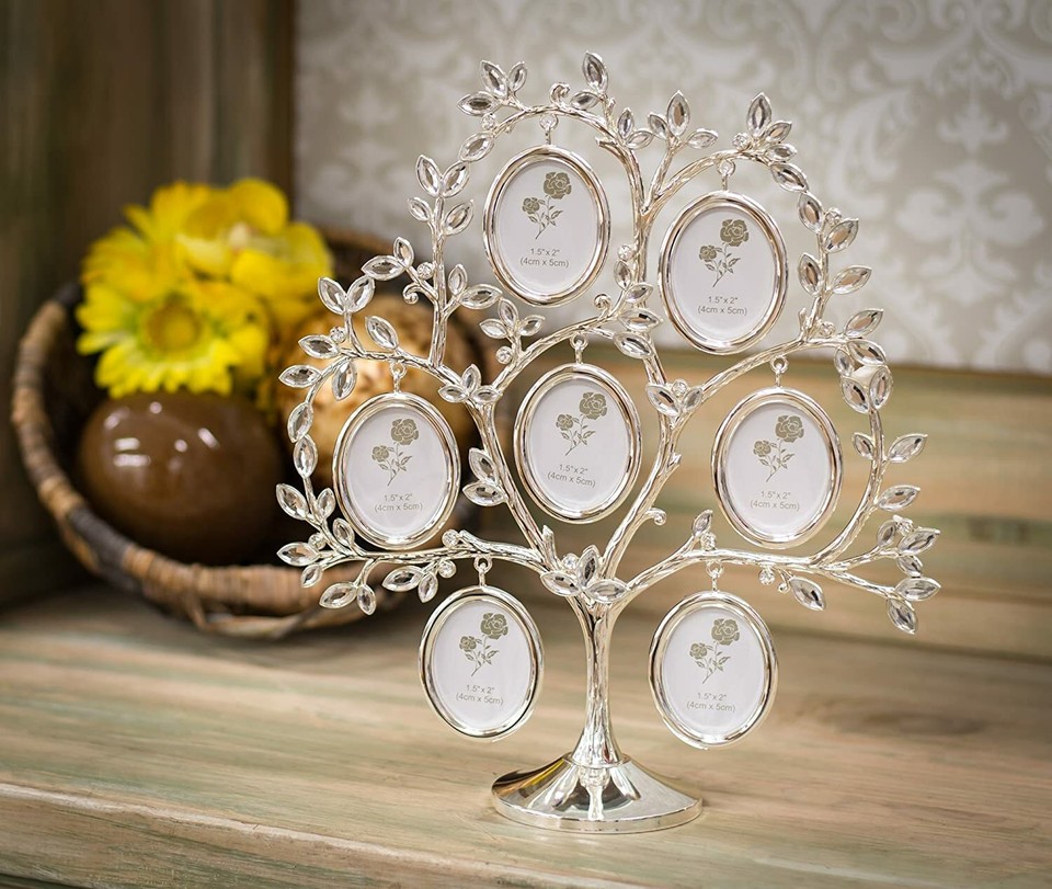Family Tree Jeweled Silver Finish Metal 11 x 3 Collage Photo Frame ...