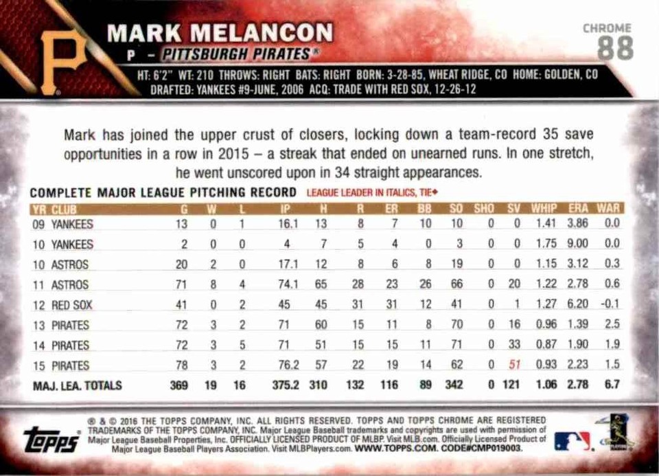 2016 Topps Chrome Mark Melancon #88 39433 | eBay