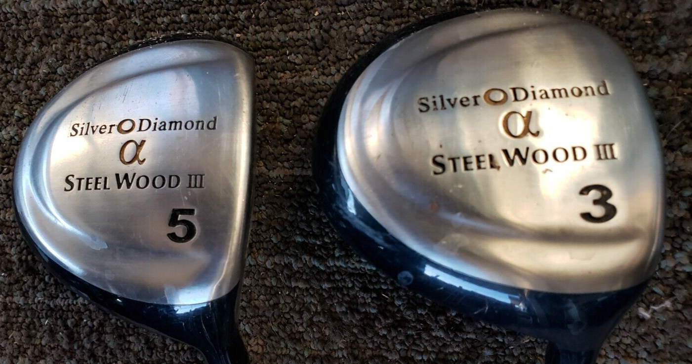 SET OF 2 EXCELLENT SILVER DIAMOND STEEL WOOD III GOLF CLUBS 3 & 5 ...